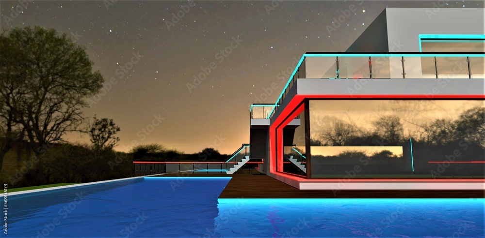 Rooftop swimming pool at night under the starry sky, Illuminated window ...