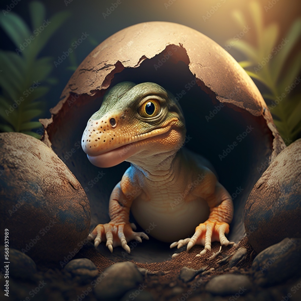 Baby dinosaur hatching from an egg. digital illustration birth cute ...