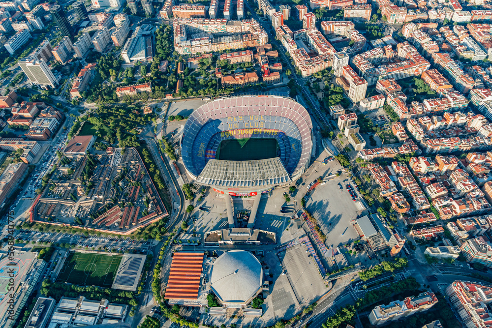 BARCELONA - December, 2020: Aerial helicopter view of Camp Nou FC ...