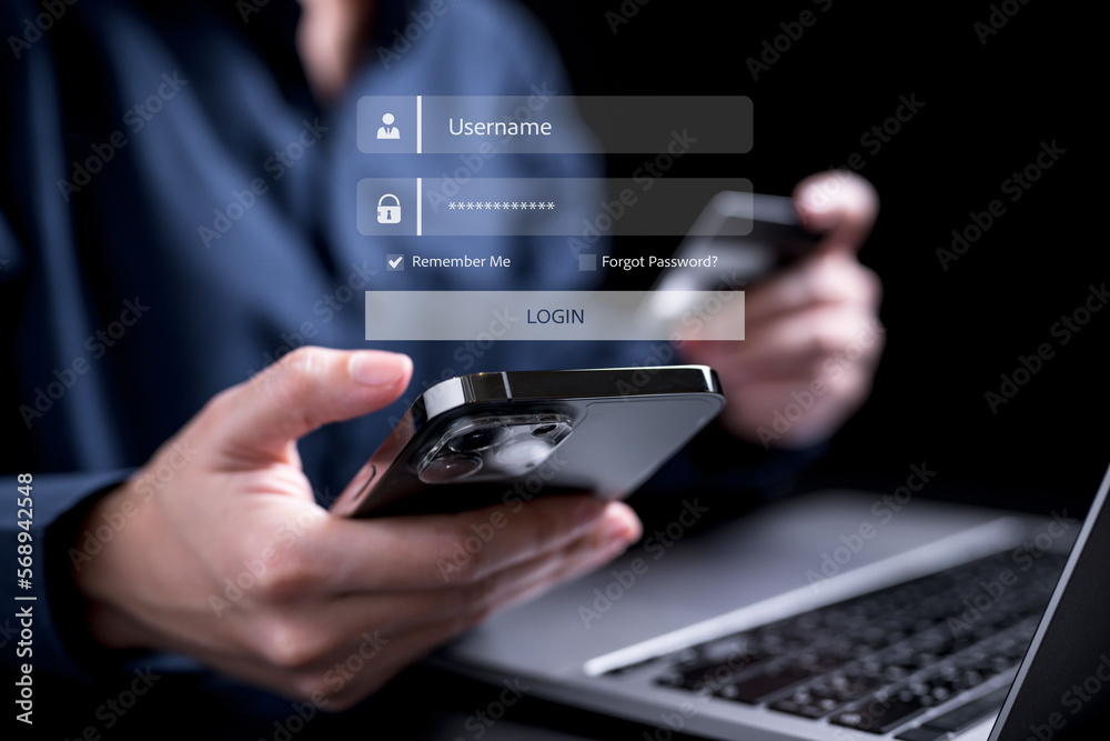 User login on smartphone, icon showing on mobile by virtual screen ...