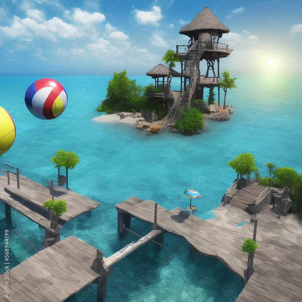 3d scene design for summer product display. Concrete stair podium with ...