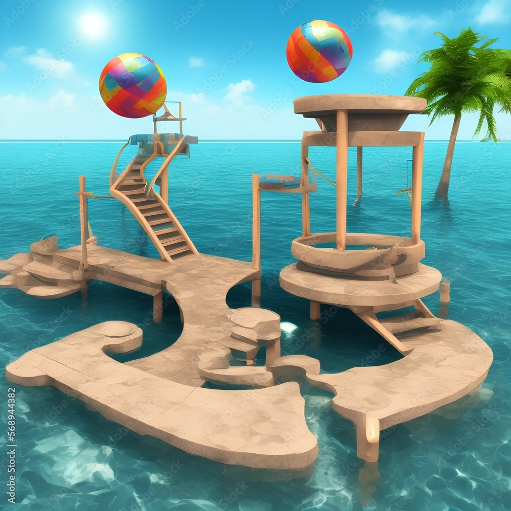 3d scene design for summer product display. Concrete stair podium with ...