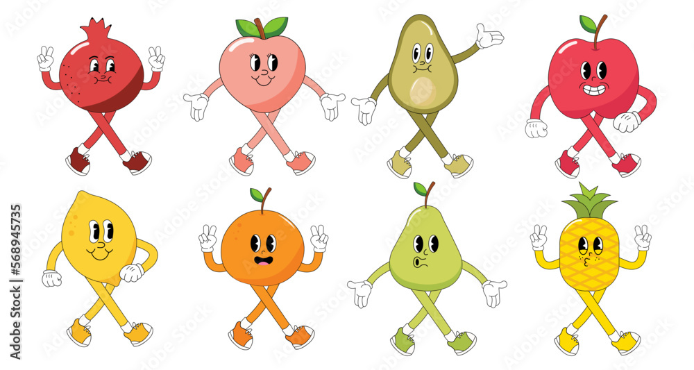 Set retro groovy cartoon fruit characters. Modern illustration with ...