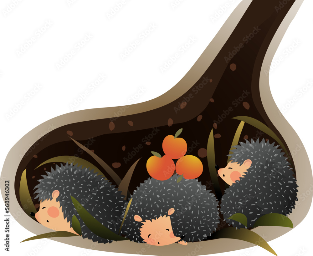 Hedgehog family sleeping or hibernating in a den or burrow. Cute ...