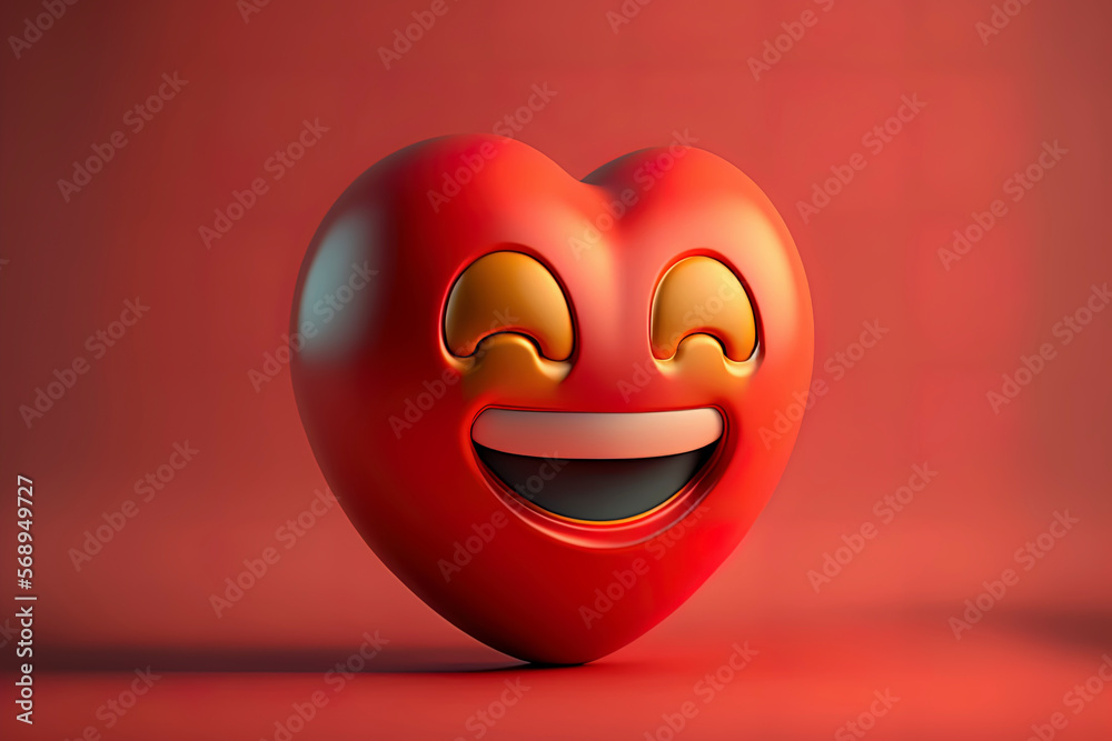 red funny heart emoji face, red background, smiling is in love, heart ...