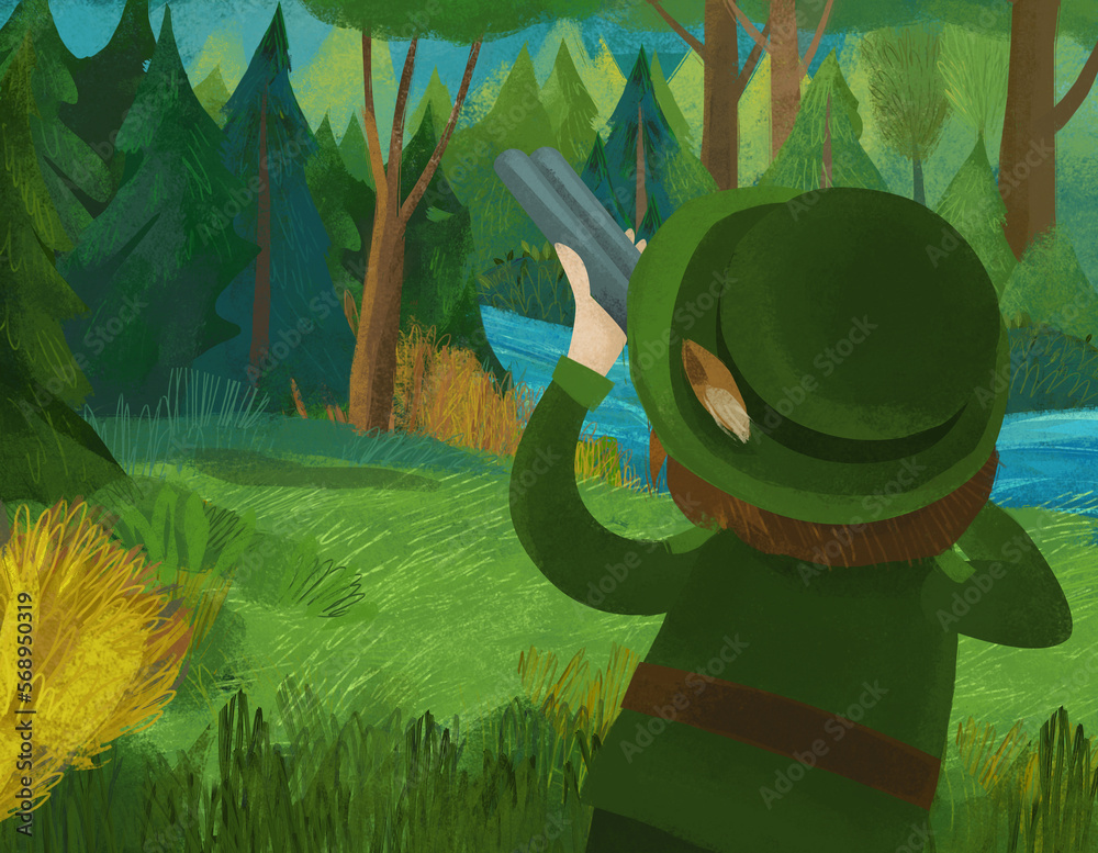 cartoon scene with hunter forester hunting with a rifle illustration ...