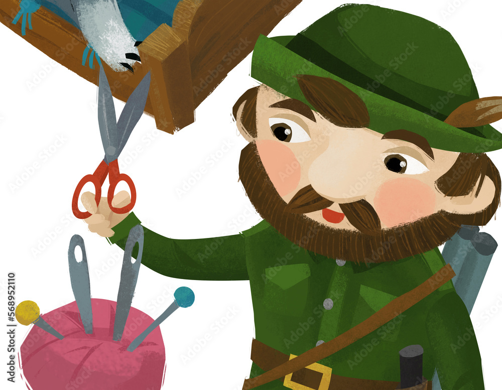 cartoon scene with hunter forester in farm house with tailoring tools ...