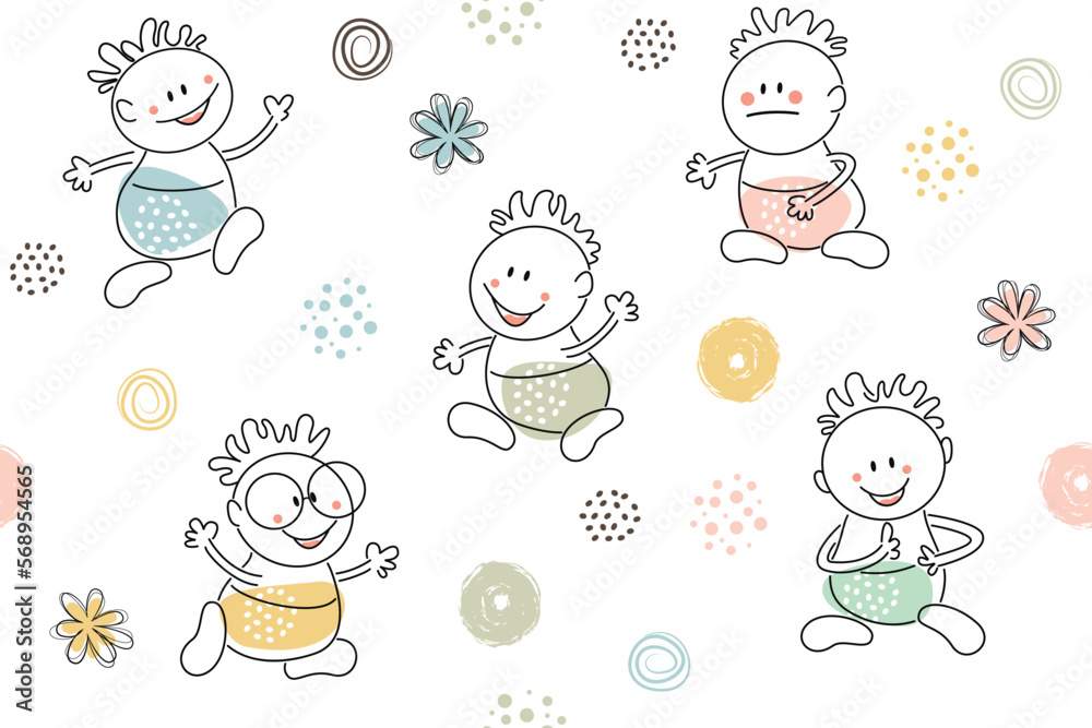 Seamless pattern set of children's primitive drawings of comic funny ...