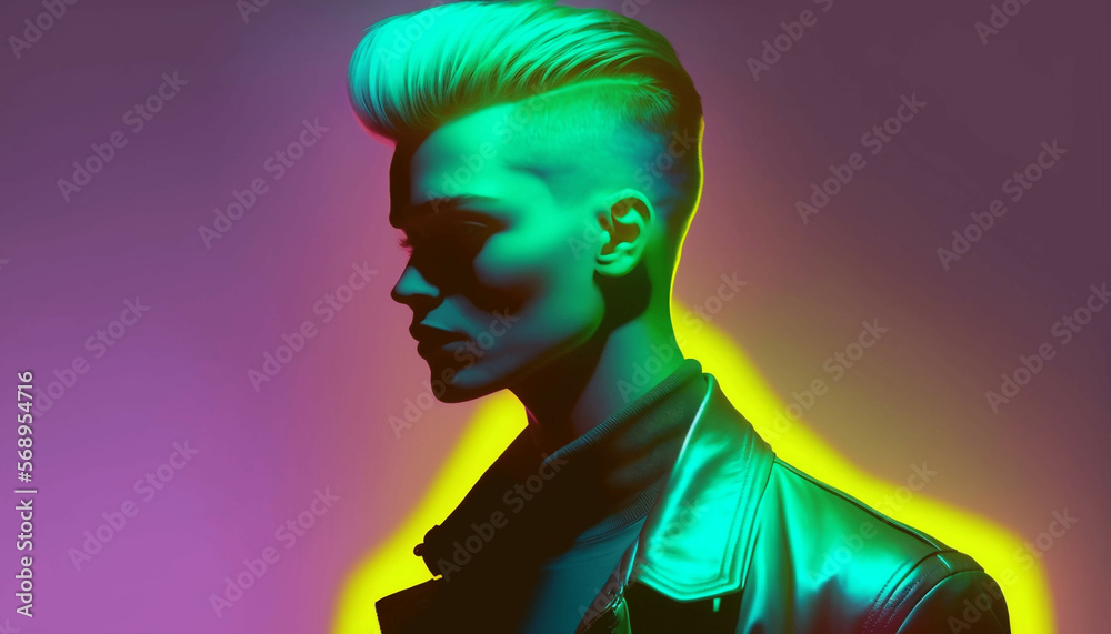 beautiful neo retro fashion woman model isolated in neon lights ...