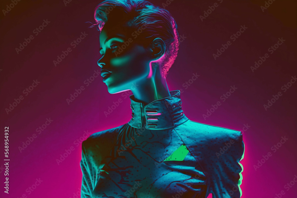 beautiful neo retro fashion woman model isolated in neon lights ...
