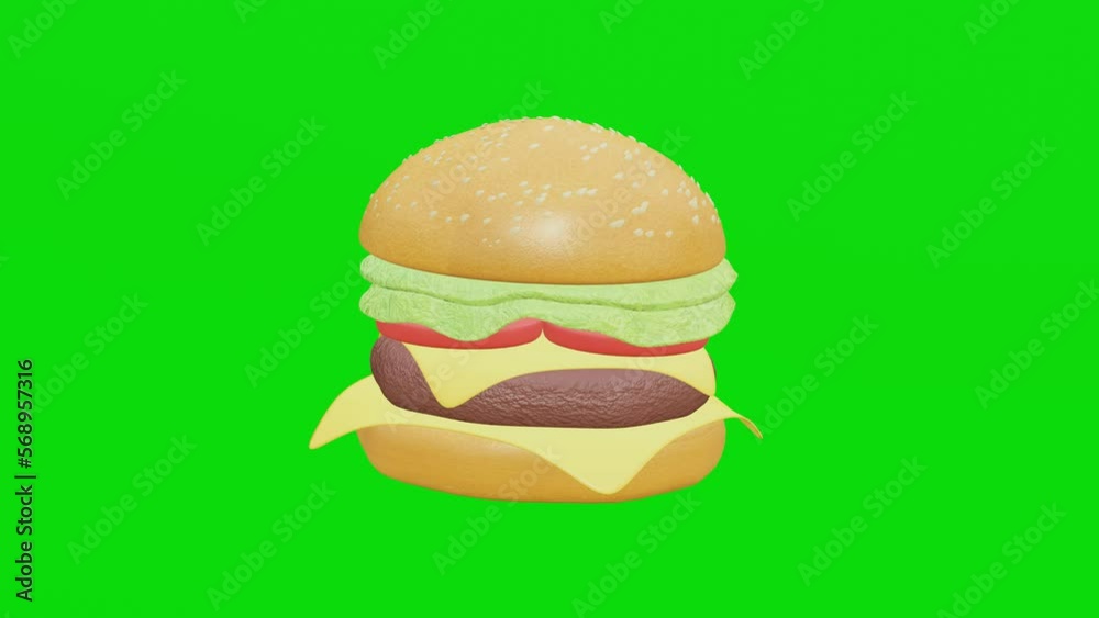 3D burger falling animation on green screen or chroma key. BIG ...