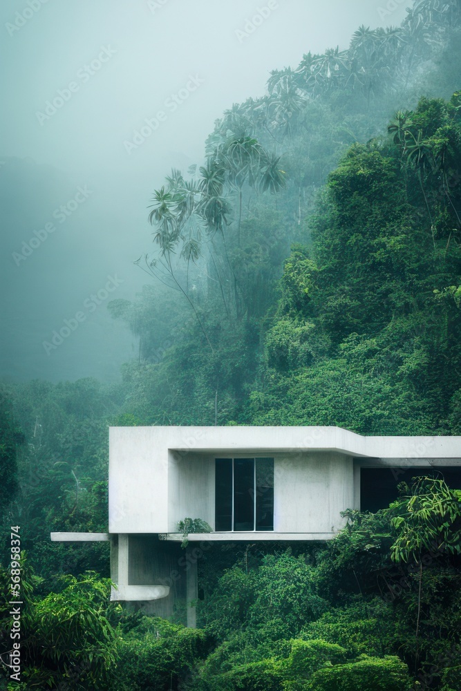 Exterior perspective of a concrete minimalistic modern building low one ...