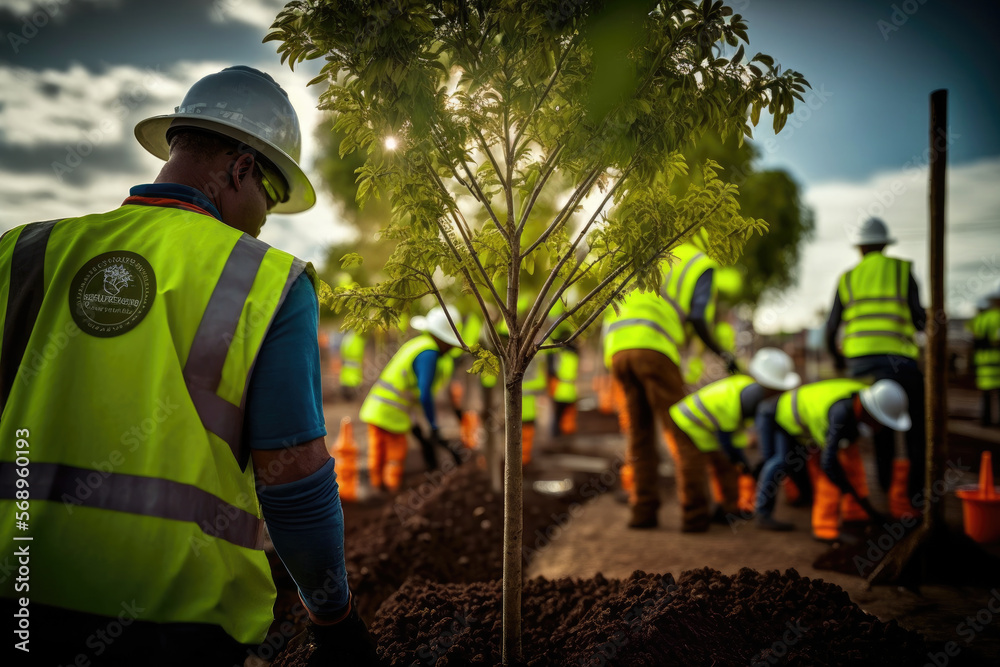 Workers planting trees in a reclaimed industrial area as part of a ...