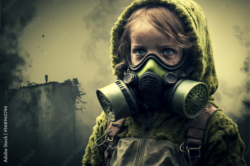 Little Girl with gas mask depicting consequences of global warming, air ...