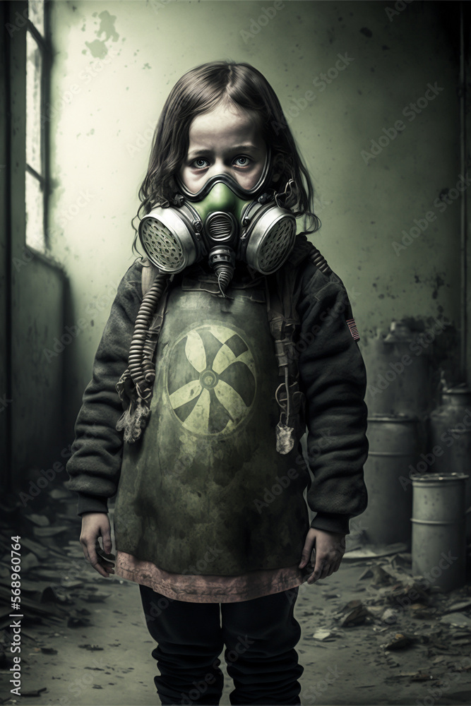 Little Girl with gas mask depicting consequences of global warming, air ...