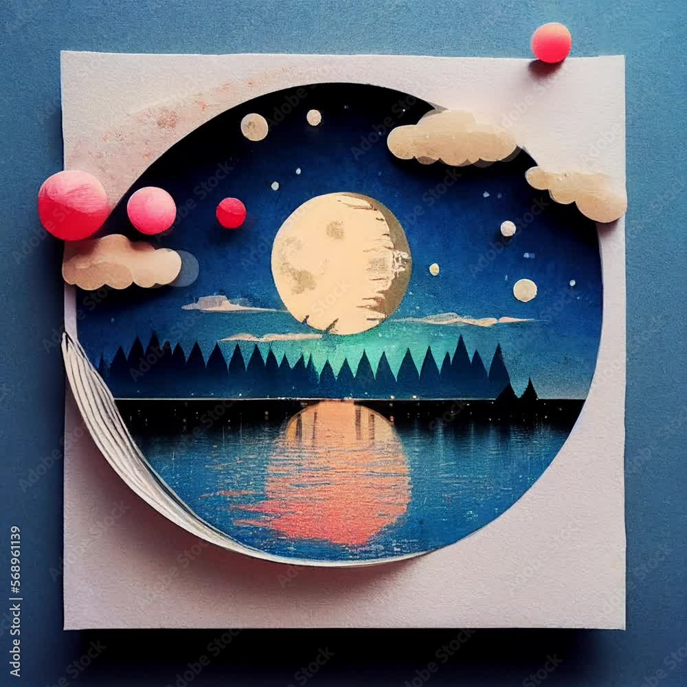 Peaceful moonlit lake, paper collage cinemagraph mixed media, animated ...