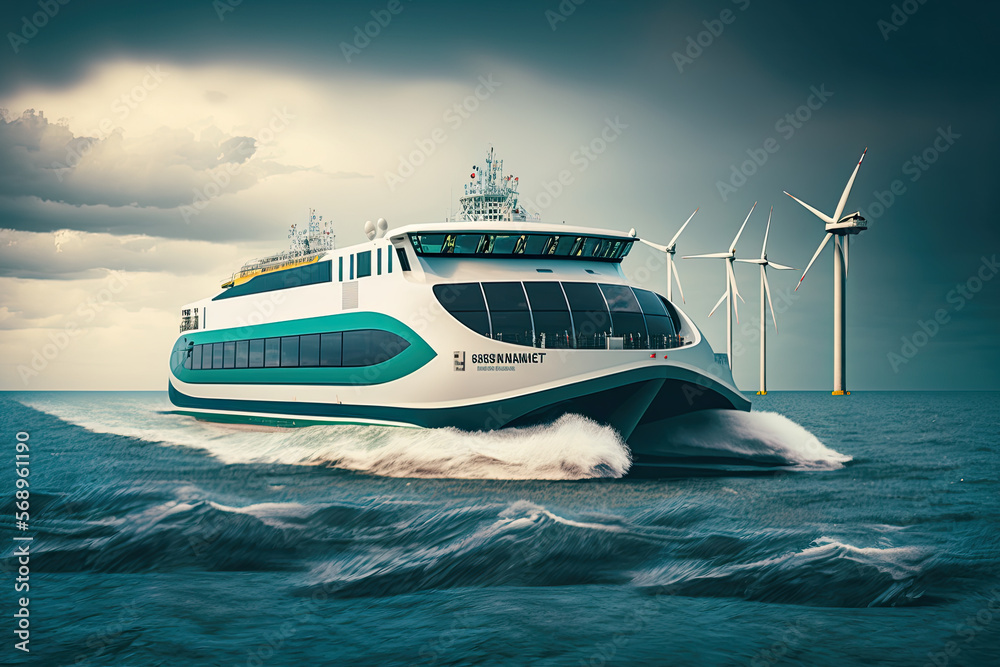 Ferry boat powered by wind turbines crossing a calm sea, generative ai ...