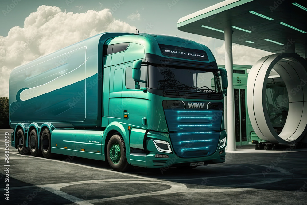 Green hydrogen truck refueling at a futuristic hydrogen station ...