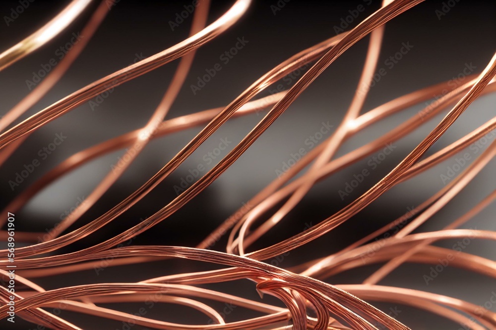 Macro photo of many copper wires twisted into rods and covered with ...