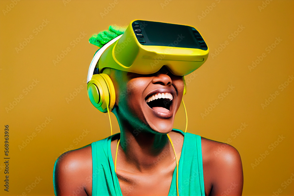 Generative AI illustration of a smiling black woman in virtual reality ...