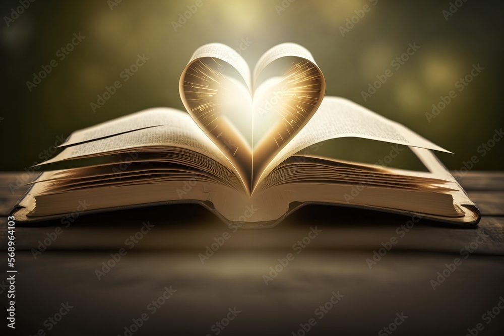 Bible on table with pages folded into heart shape. The symbol of Christ ...