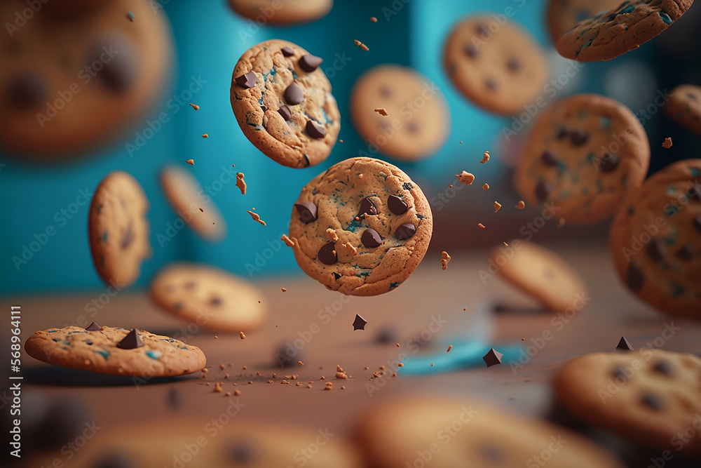 Flying chocolate chips cookies generated with AI Stock Illustration ...