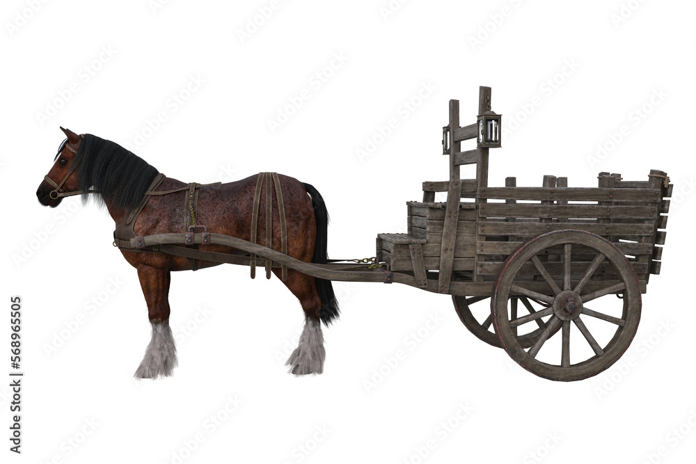 Brown horse pulling an old medieval wooden cart. 3D rendering isolated ...