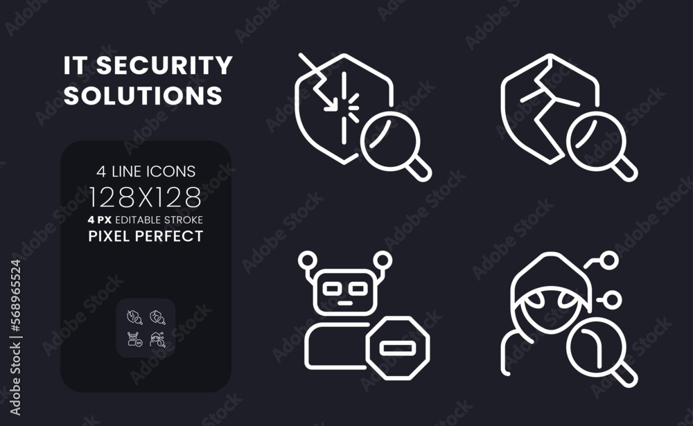Cybersecurity solutions white linear desktop icons on black. Bot ...