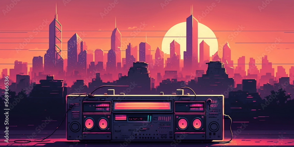 Retro futuristic synthwave style night city colorful background with ...