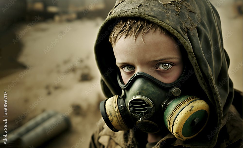 Little boy with gas mask depicting consequences of global warming, air ...