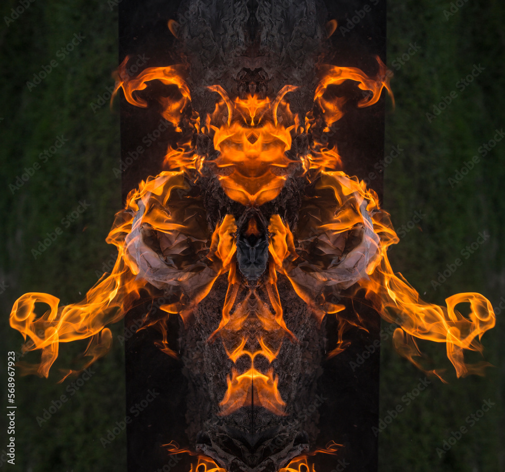Fiery face. God of fire. An evil demonic spirit. The carbon demon of ...