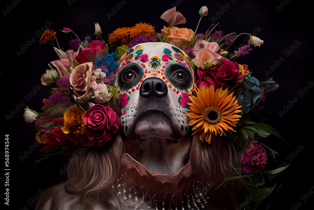 Dog with sugar skull painted face for Day of Dead, Dia de los Muertos ...