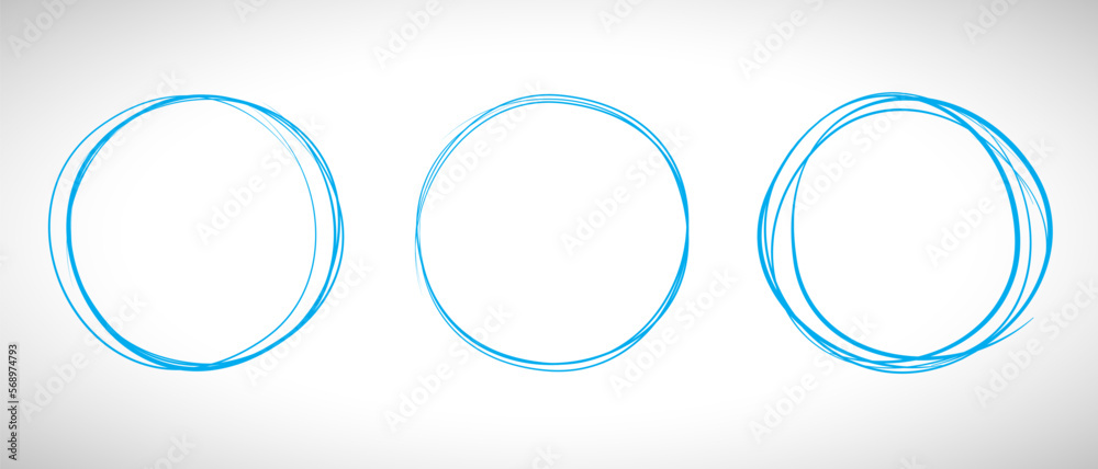 Blue circle line hand drawn set. Highlight hand drawing circle isolated ...