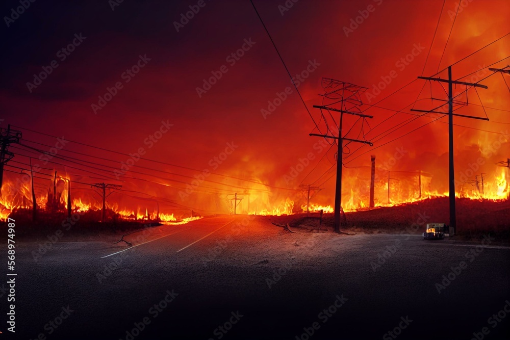 Burning flame and extinguished candle and power lines on background ...