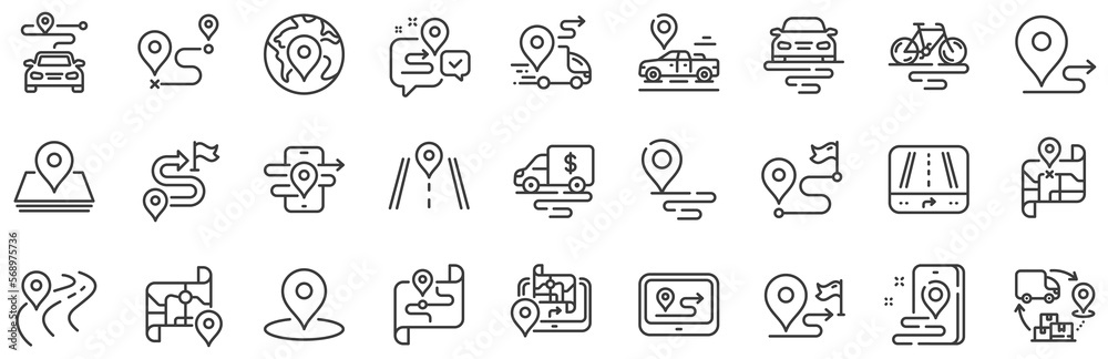 Journey path, Route map and Trip distance. Road map line icons. GPS street pin, Car route and ...
