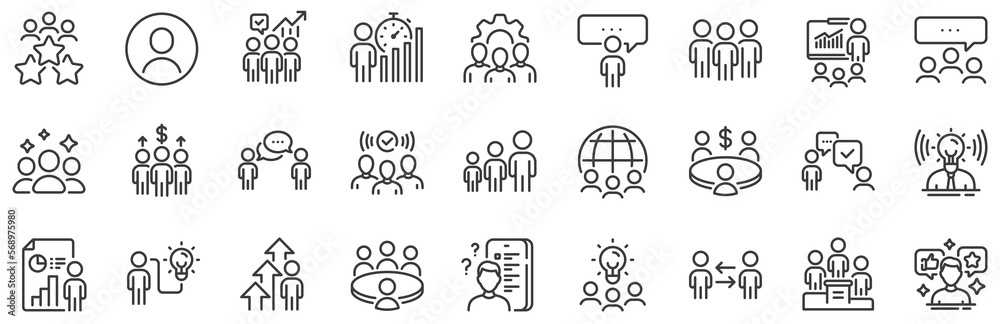 Conference, seminar, classroom. Meeting line icons. Team, work and ...