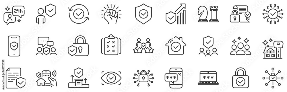 Cyber lock, password, unlock. Security line icons. Guard, shield, home ...