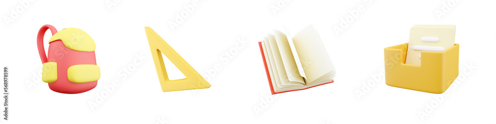 3d render school bag, ruler, book, folder icon set on white background ...