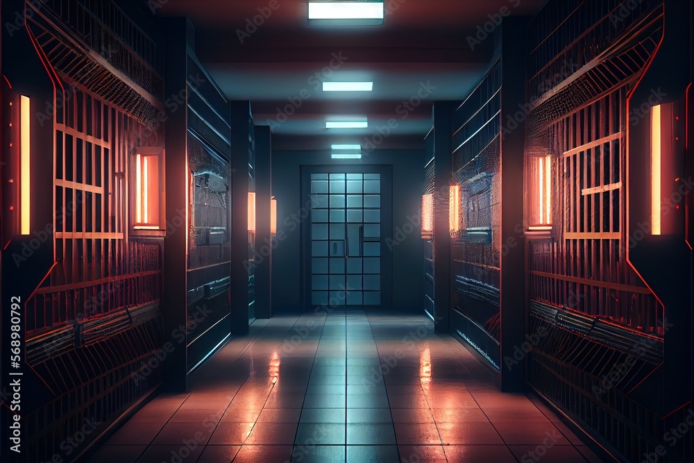 Hallway lined with jail cells. Modern futuristic sci fi background ...