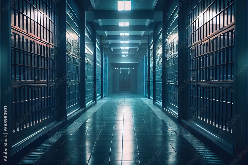 Hallway lined with jail cells. Modern futuristic sci fi background ...
