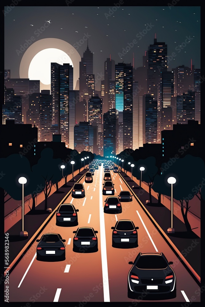 cartoon illustration, cars in the city, with street lighting at night ...
