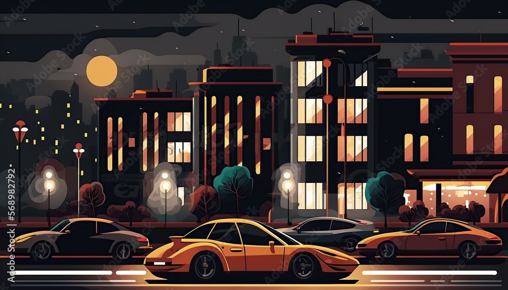 cartoon illustration, cars in the city, with street lighting at night ...