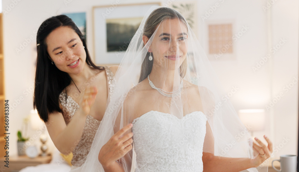 Bride, wedding and woman helping with veil in dressing room smile for ...