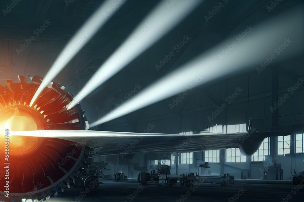 Aircraft jet engine on repair and maintenance. Industrial motor of ...