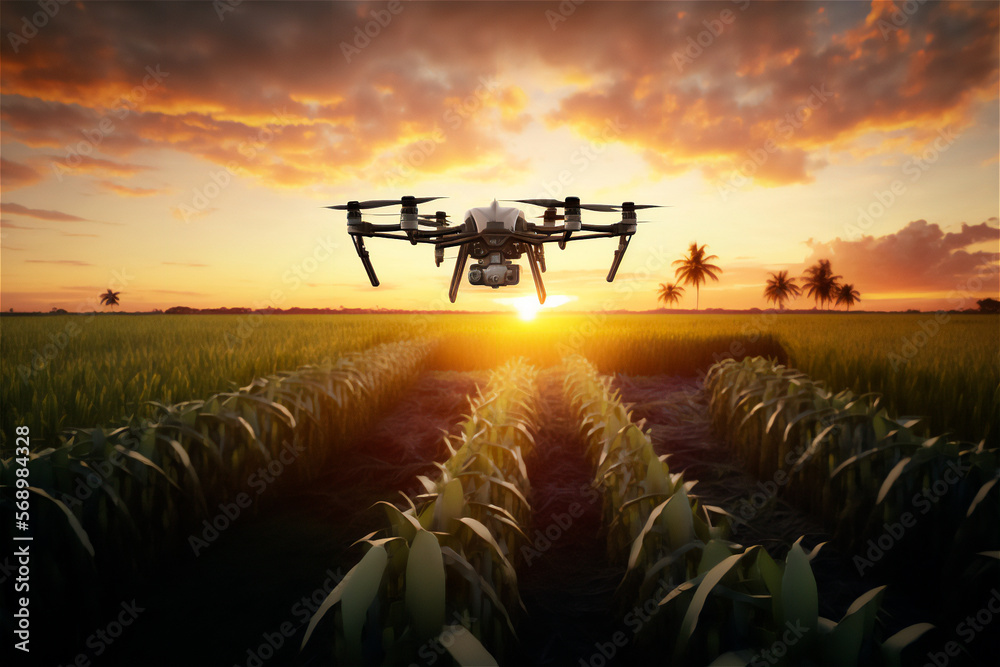 Drone flying monitoring plantation on smart farm. Modern agriculture, terrain scanning ...