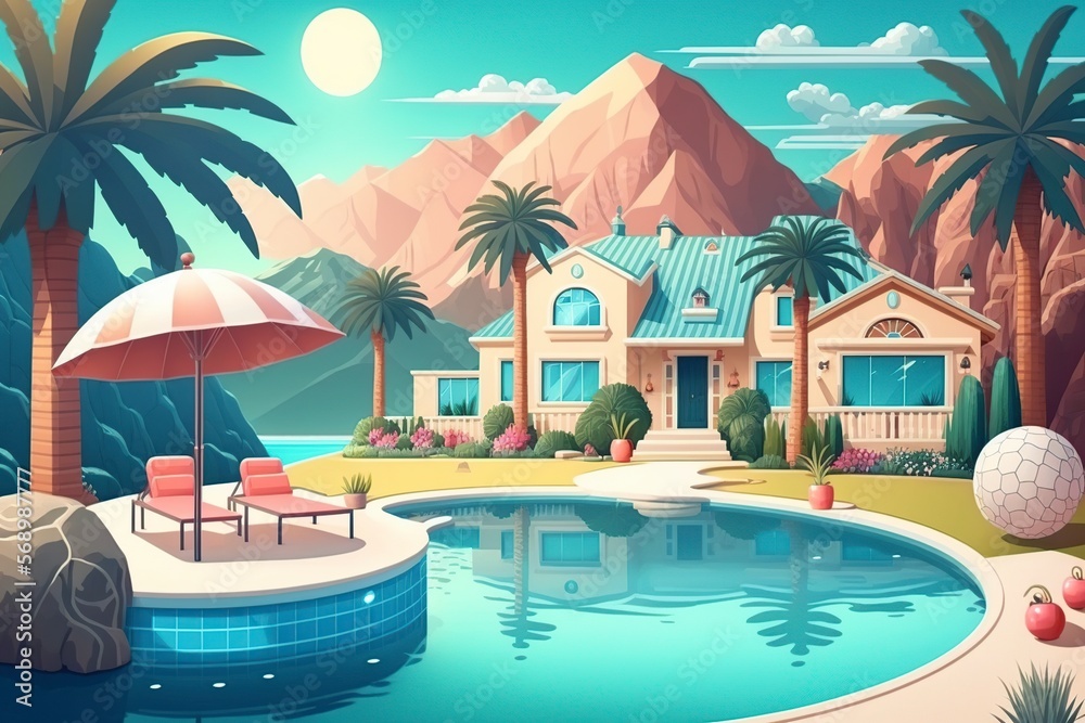 cartoon illustration, house and swimming pool with loungers by the pool ...