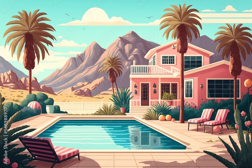 cartoon illustration, house and swimming pool with loungers by the pool ...