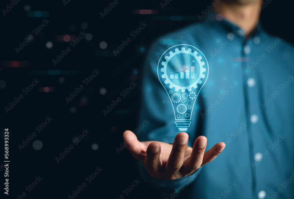 Man hand holding visual lightbulb with learning educate which for mind ...