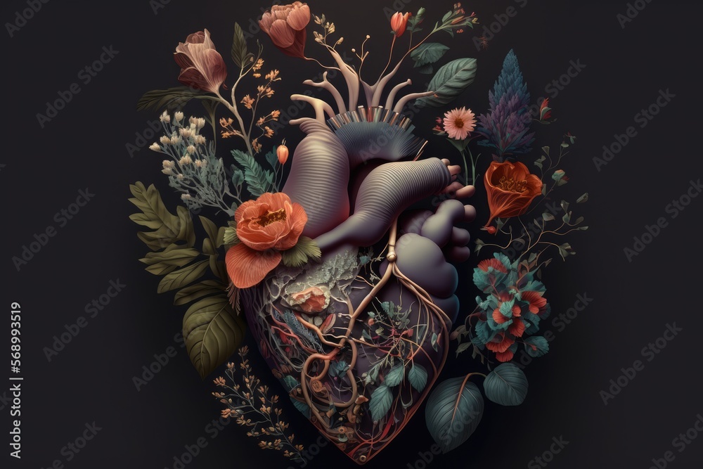 Human heart with flowers, love and emotion concept, good-hearted person ...