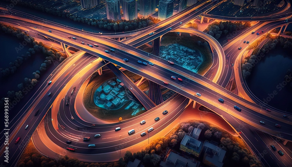 Overhead view of Highways and Byways. Night transportation. Urban ...